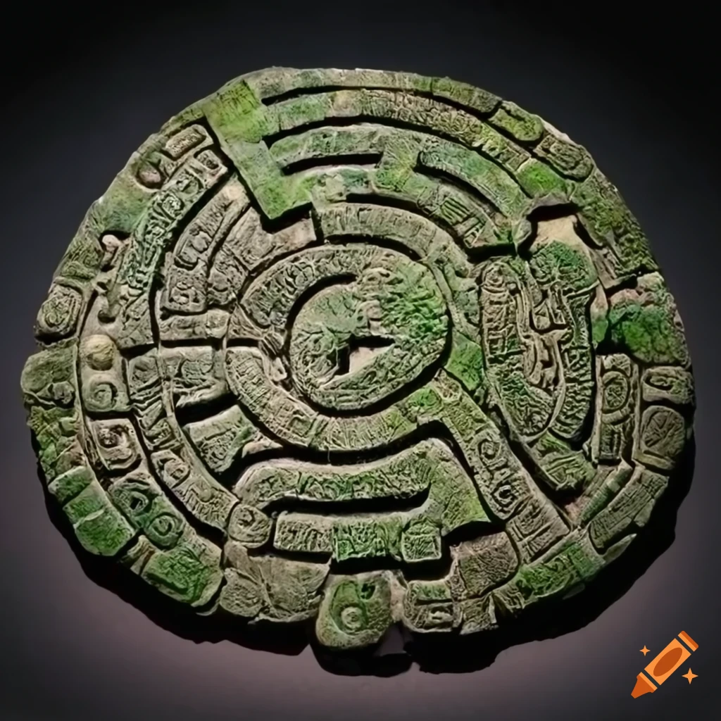 Mayan-style labyrinth carved on moss-covered stone slab on Craiyon