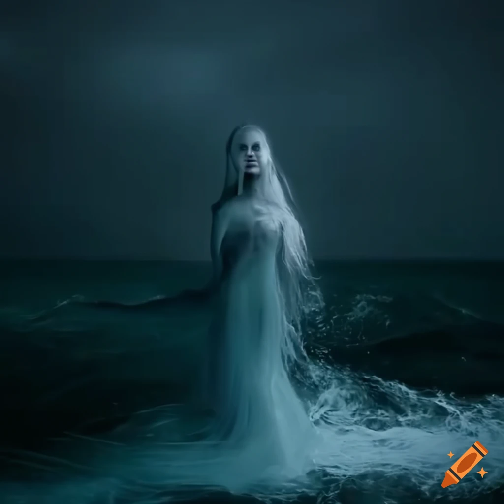 Photorealistic image of a ghostly female specter emerging from a stormy ...