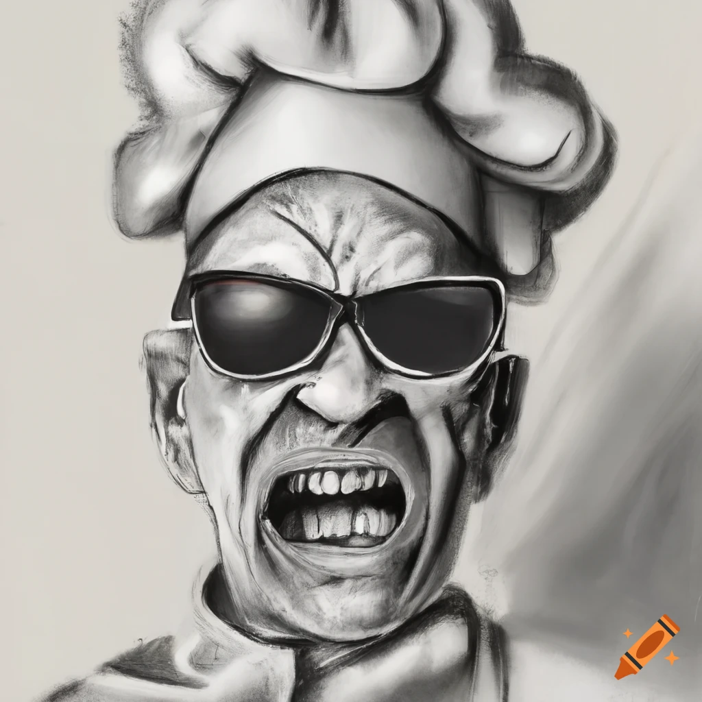 Charcoal drawing of an angry chef with sunglasses
