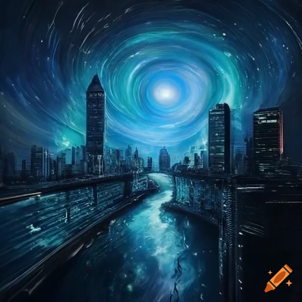 Artwork of a swirling city in a cosmic abyss on Craiyon