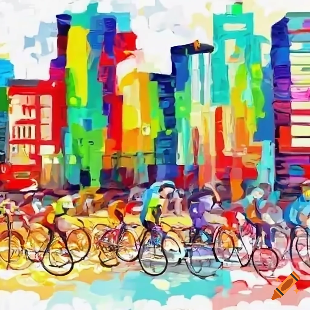 Colorful suited men riding bicycle-shaped sculptures on Craiyon