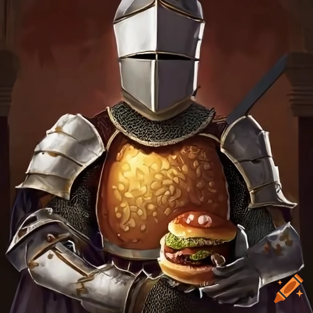 Medieval knight holding a burger on Craiyon