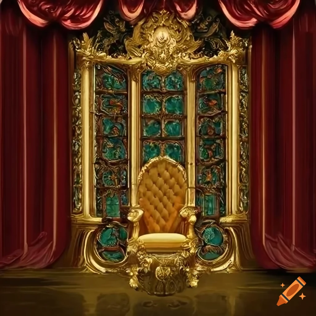 Oil painting of a luxurious throne chair in a grand hall on Craiyon