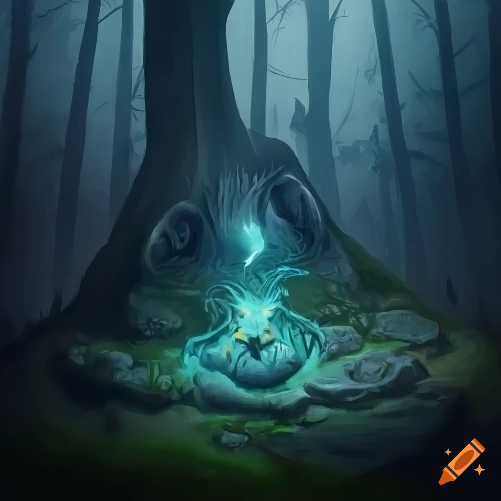 Detailed artwork of a dark spirit in a forest on Craiyon