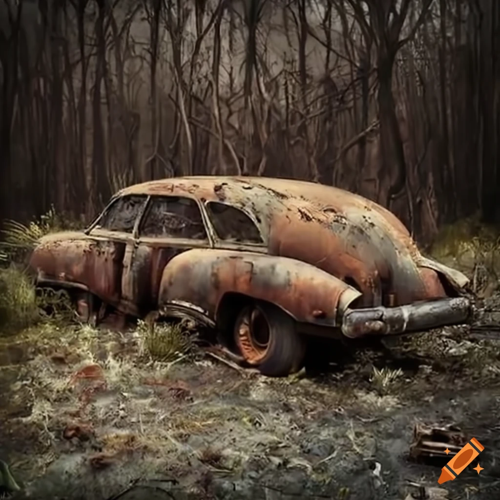 Vintage car in a fallout-inspired setting on Craiyon