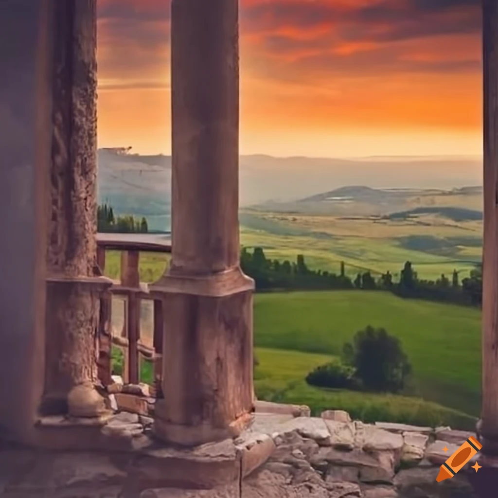 Balcony view of Tuscany from an old castle on Craiyon