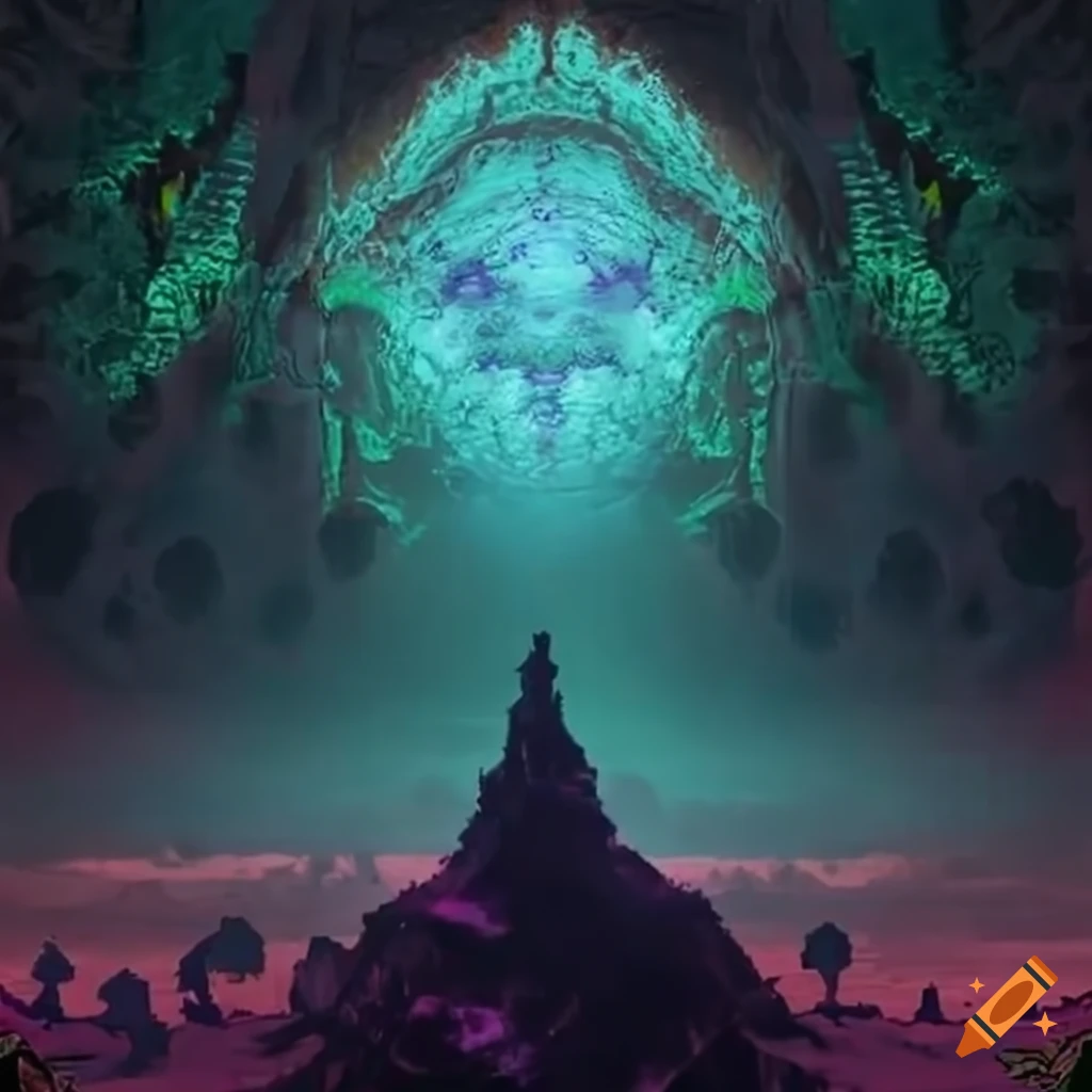 Surreal digital artwork of a chaotic landscape on Craiyon