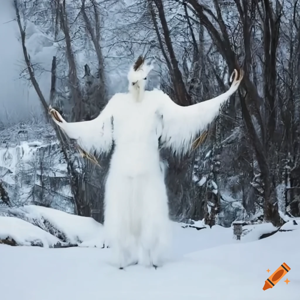 Bird-like figure in snowy mountains