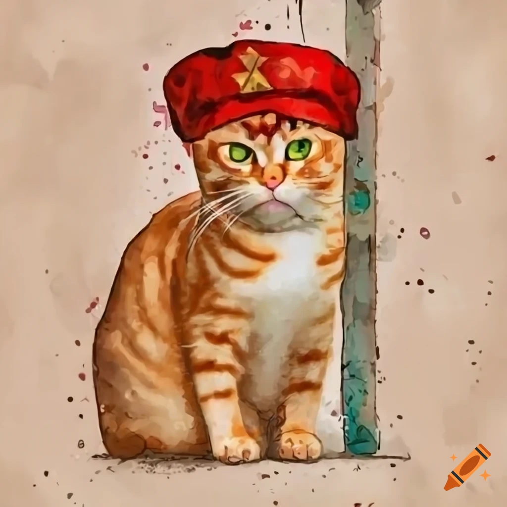 Watercolor of a cat wearing a soviet ushanka and spying on military men ...