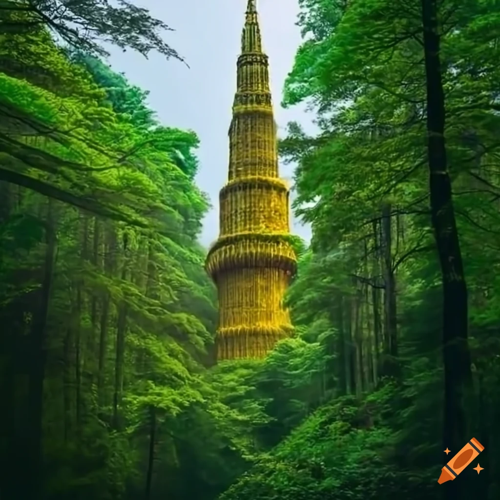 Golden tower in a green forest