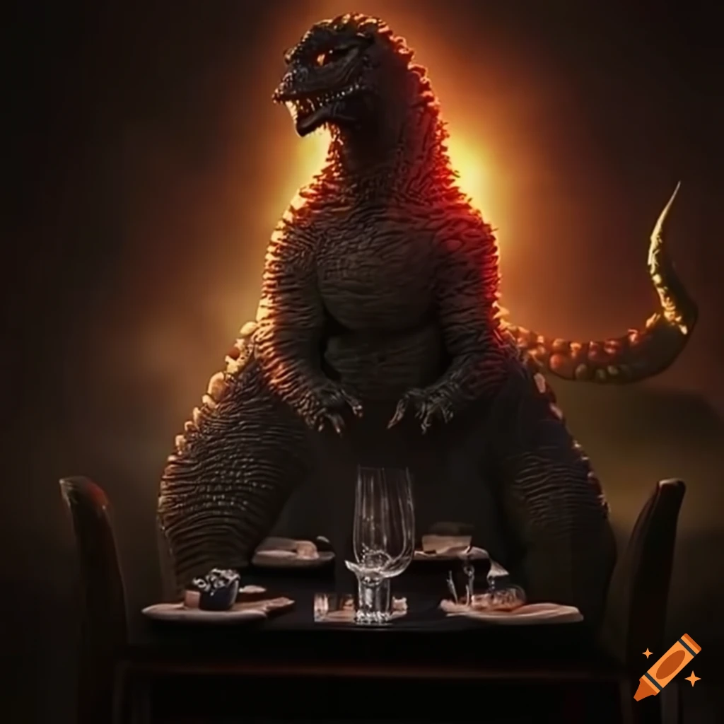 Humorous image of godzilla at a fancy restaurant on Craiyon