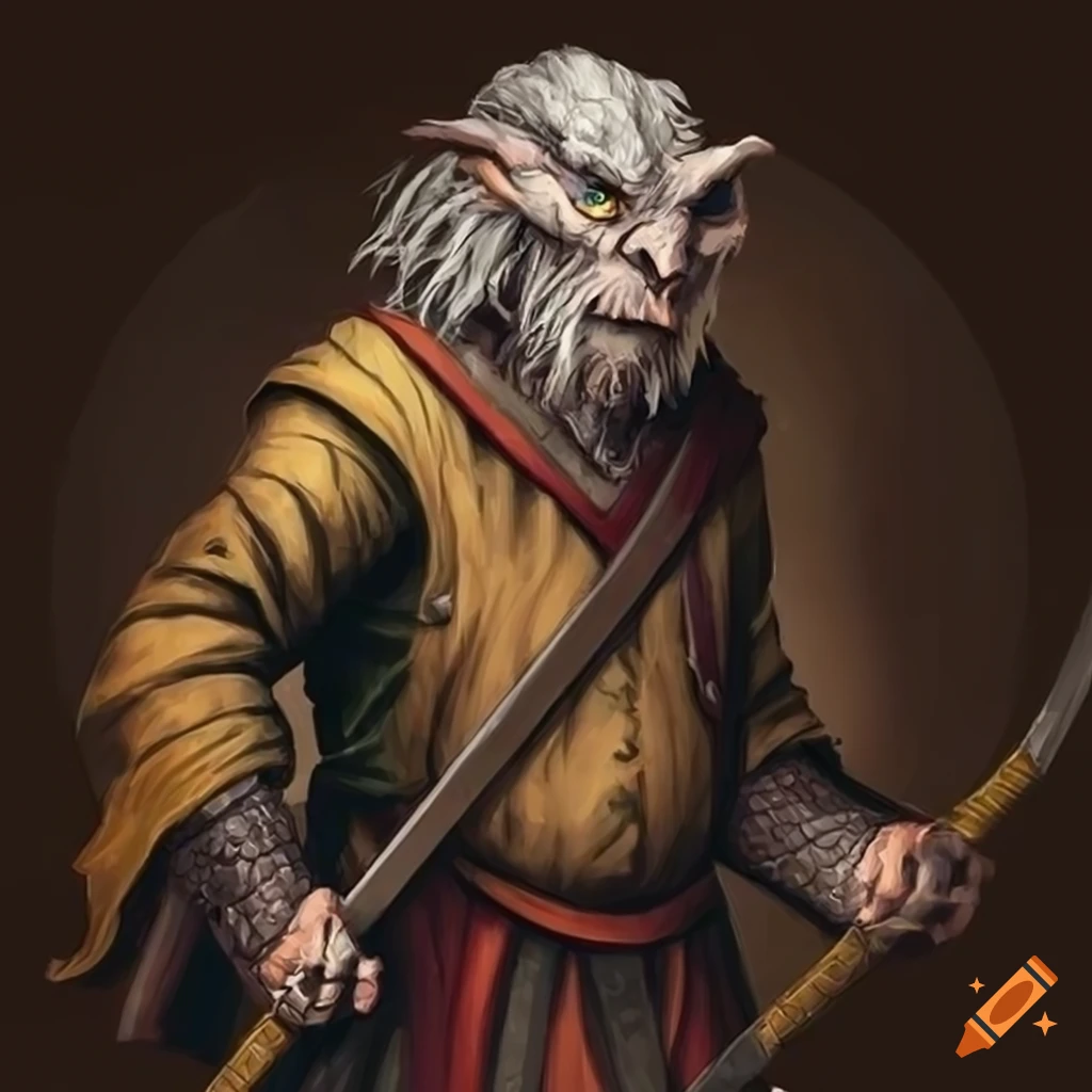 Illustration of an elderly dragonborn warrior on Craiyon