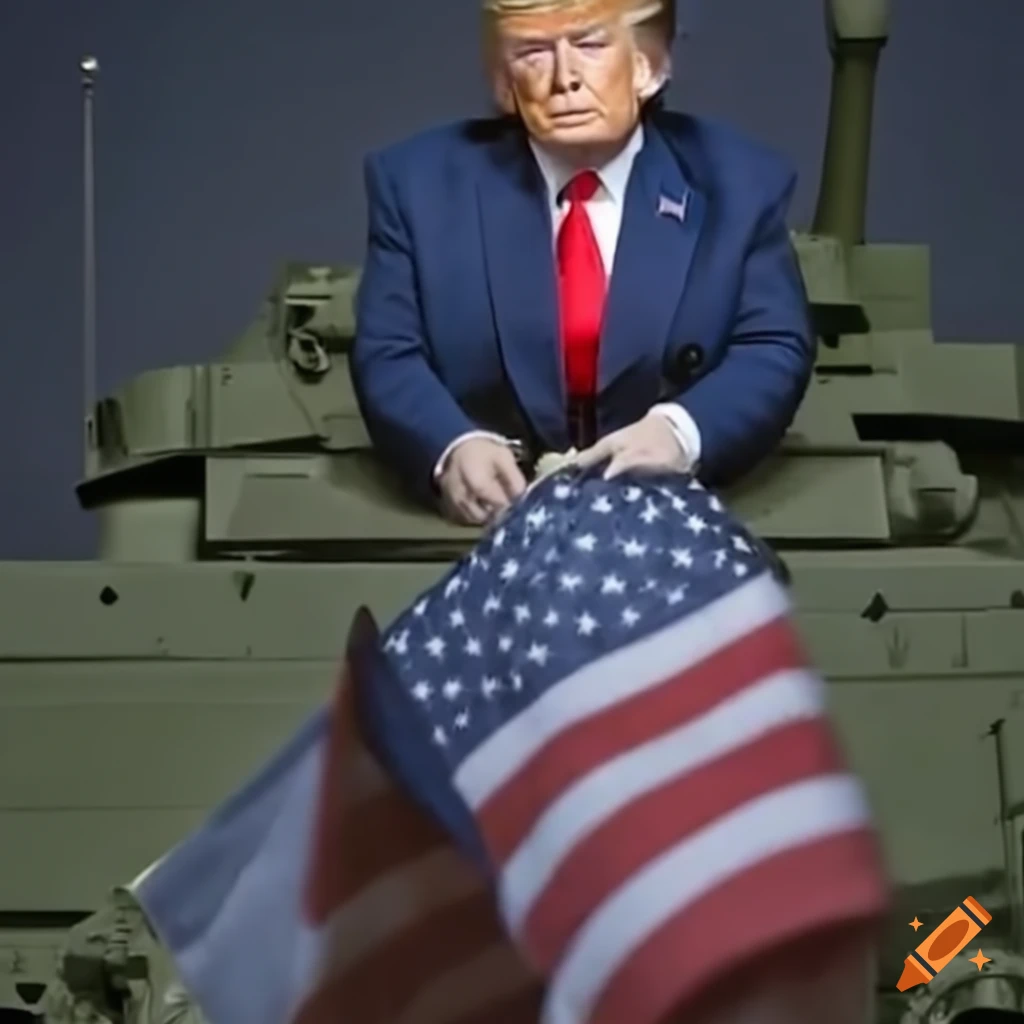 Photo of trump holding a flag on a tank