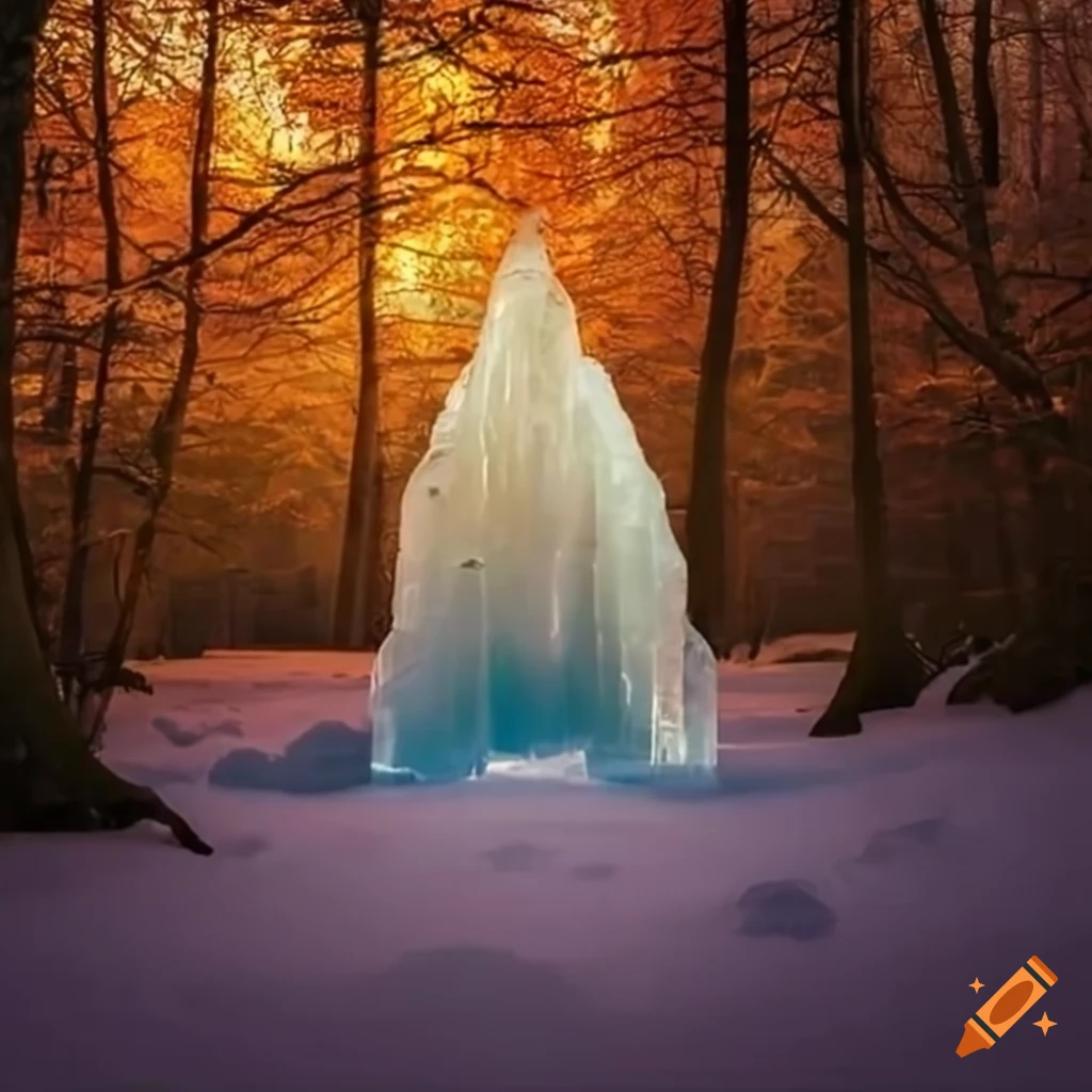 Sunset view of a melting ice temple in a forest