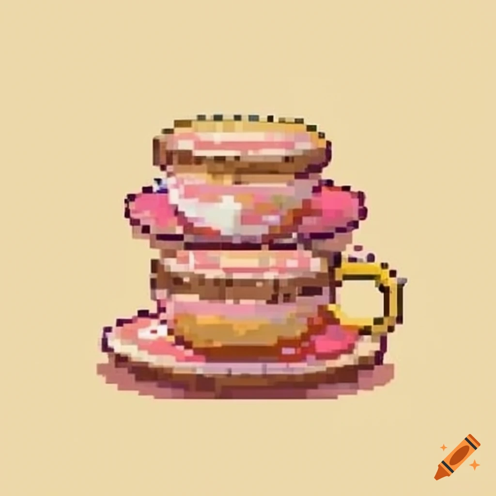 Pixel art of teacups, pastries, and cakes on Craiyon