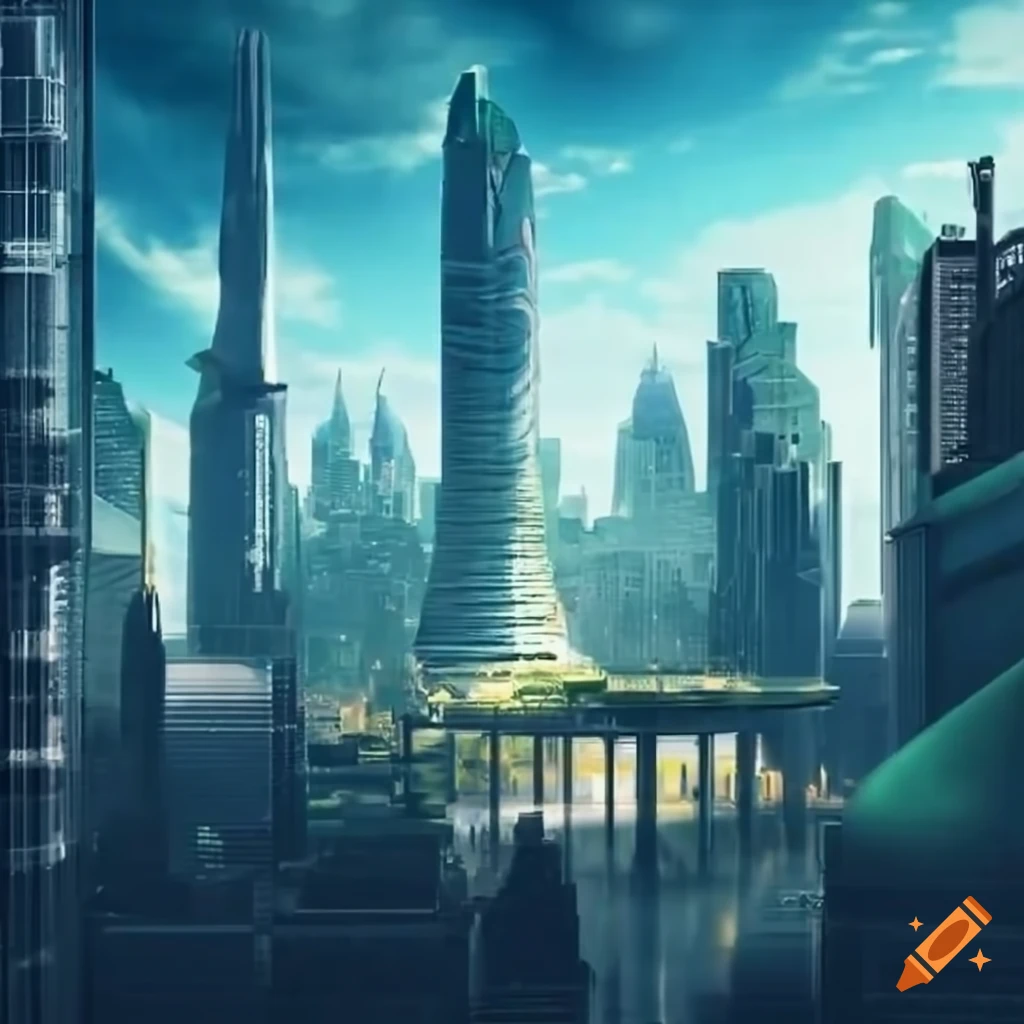 Realistic depiction of a futuristic city with plants and skyscrapers