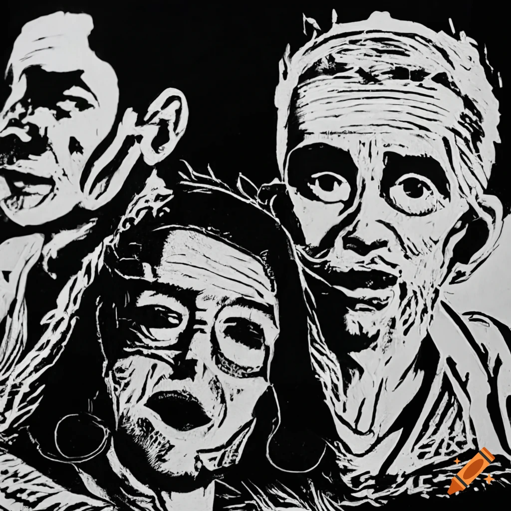 Lino print artwork of people at the beach on Craiyon