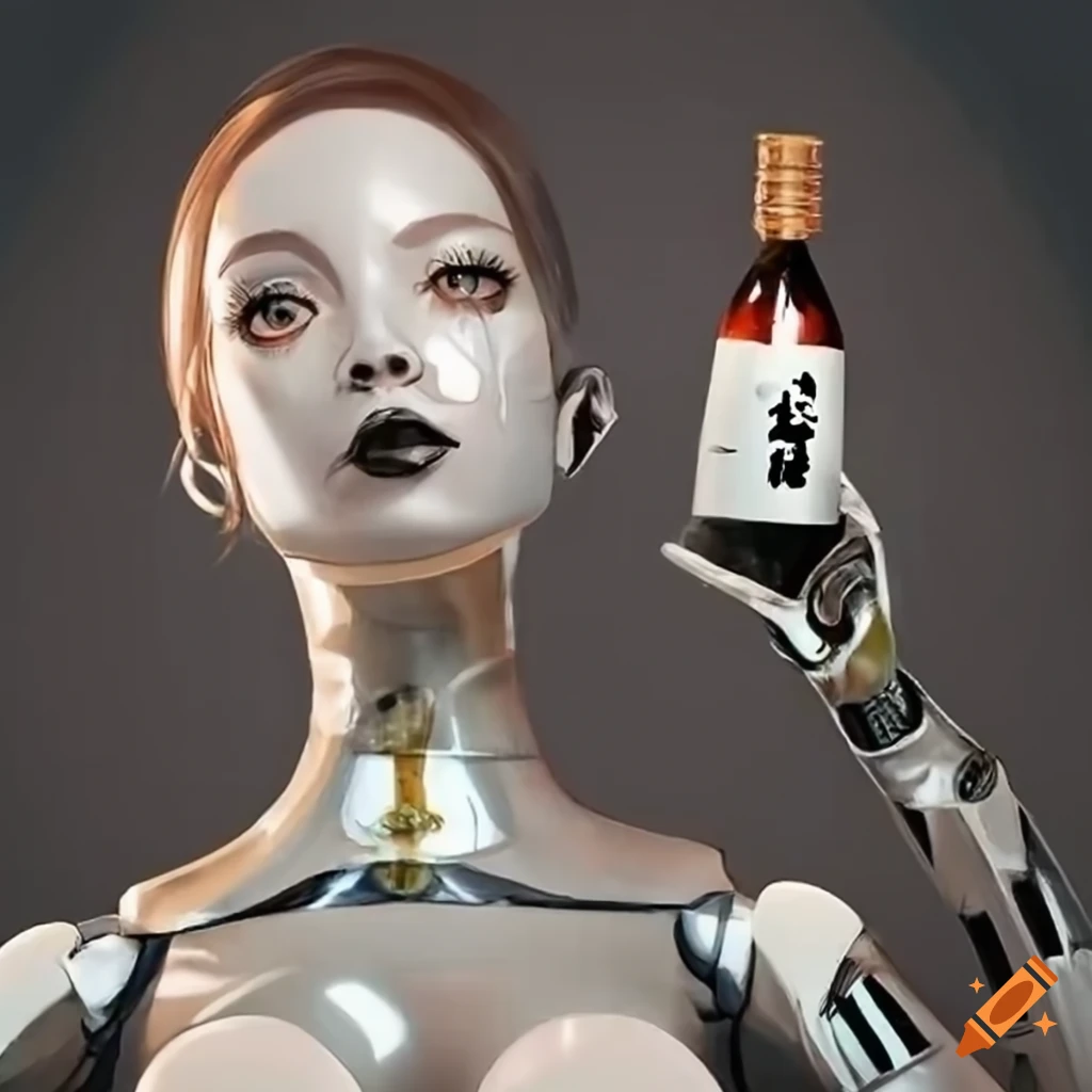 Futuristic robot woman holding a bottle of sake on Craiyon