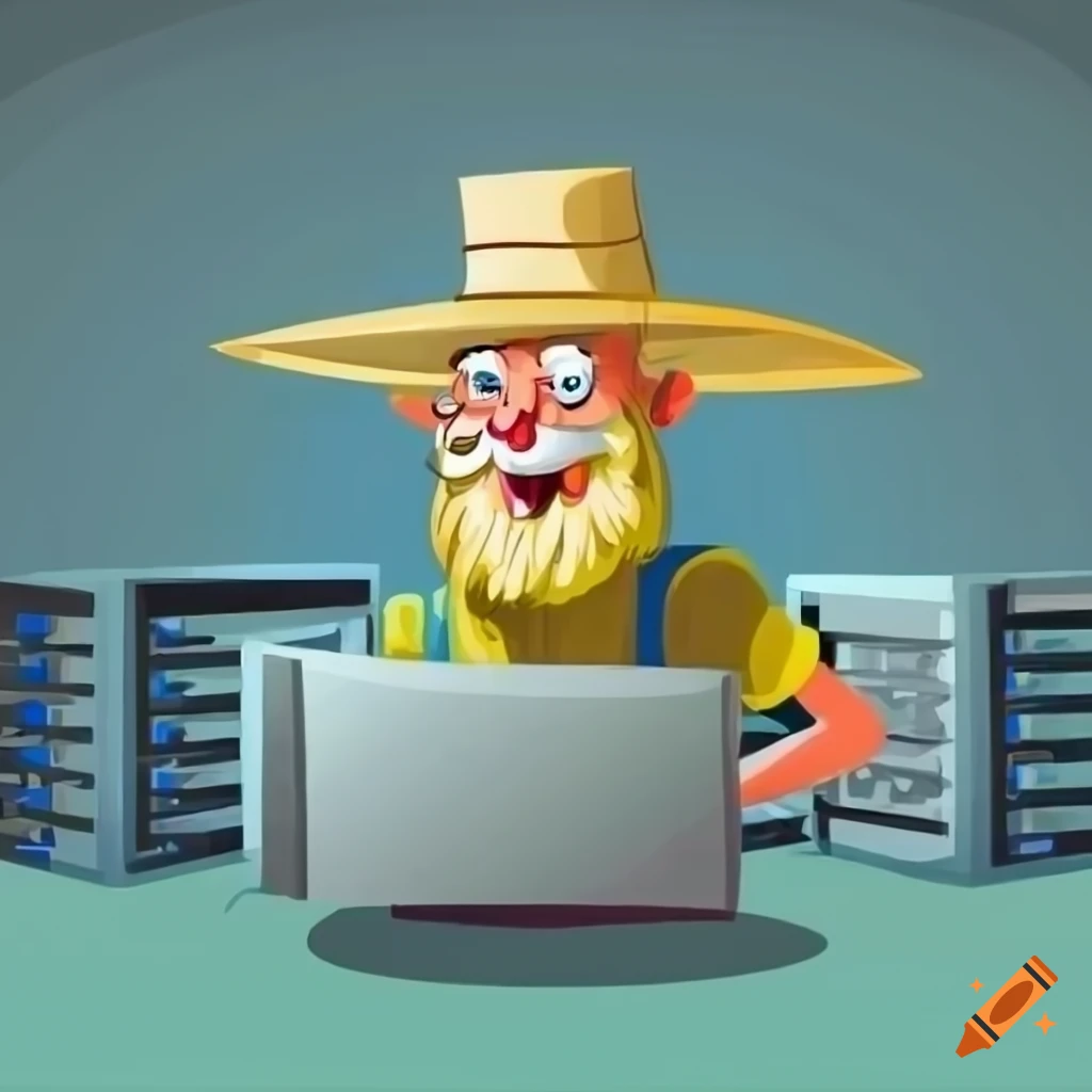 Cartoon illustration of an old farmer with computer servers