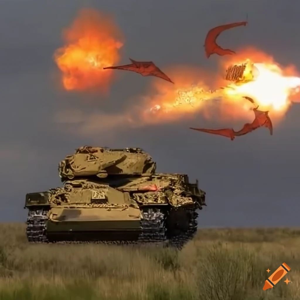 Illustration of a battle between a tank and a dragon on Craiyon