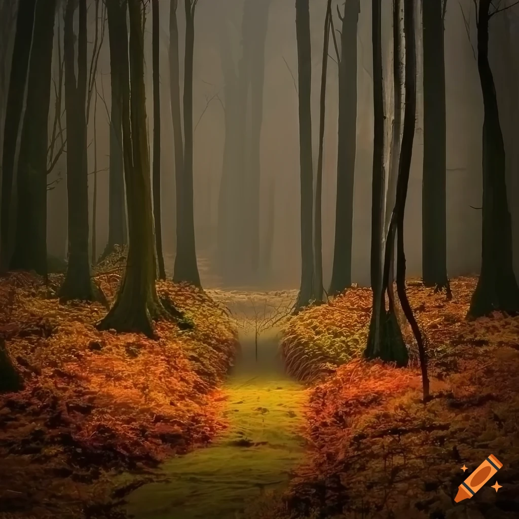 Mysterious autumn landscape with mist and mushrooms on Craiyon