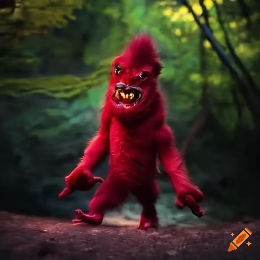 Psychedelic red monster running through a colorful landscape on Craiyon