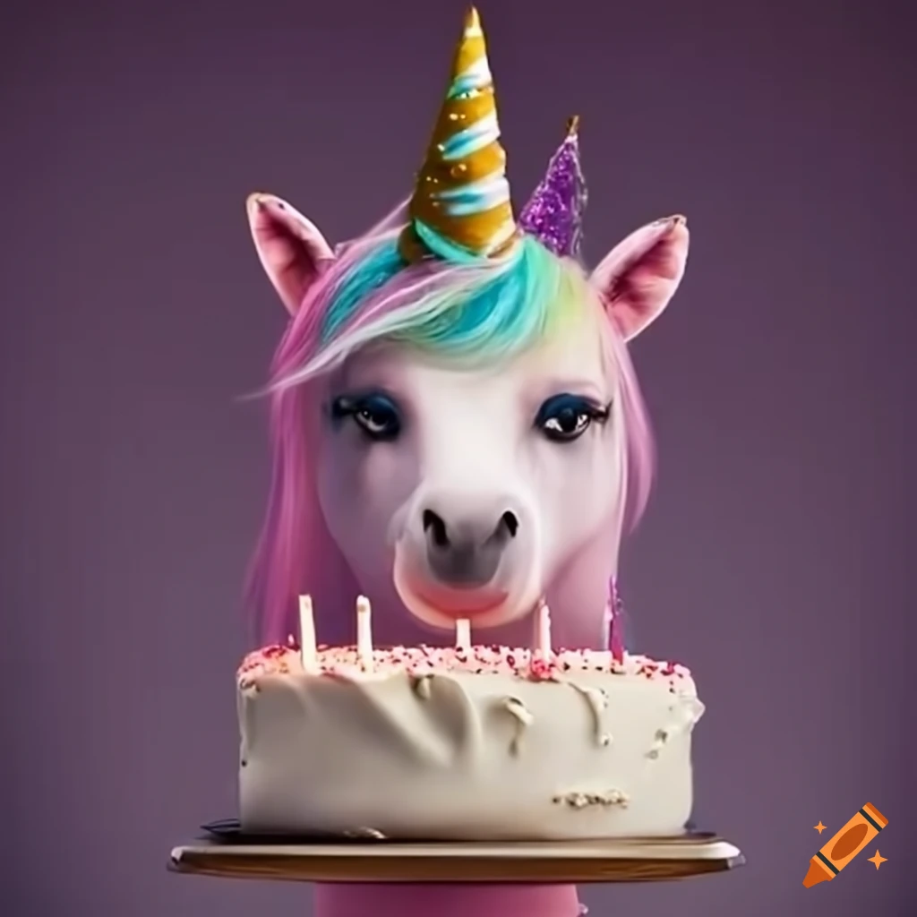 Realistic unicorn with a birthday cake