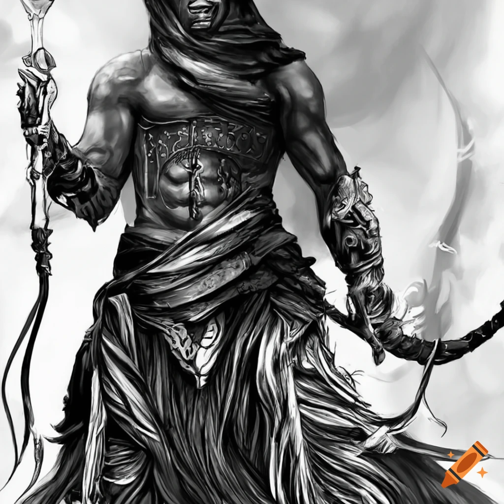 Detailed black and white drawing of an Arabian warrior on Craiyon
