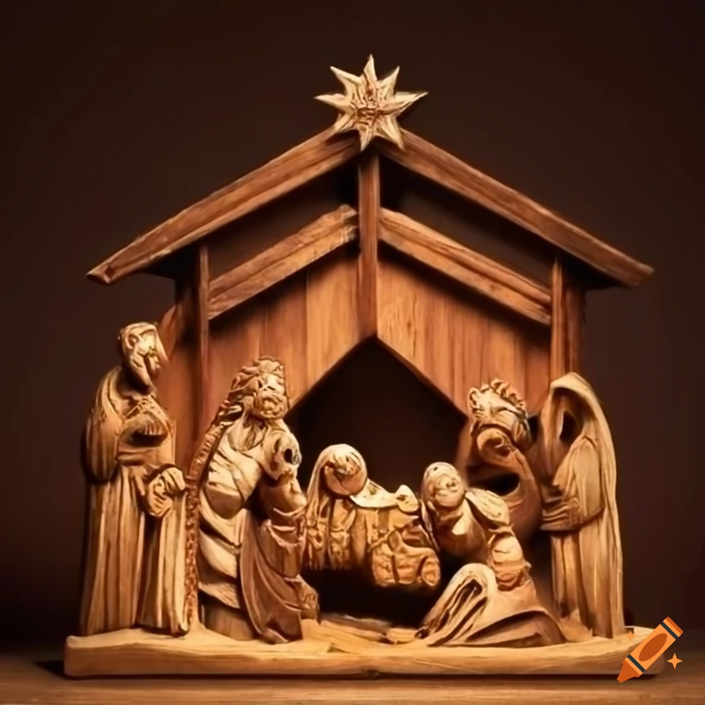 Intricate wood carving of a manger scene on Craiyon