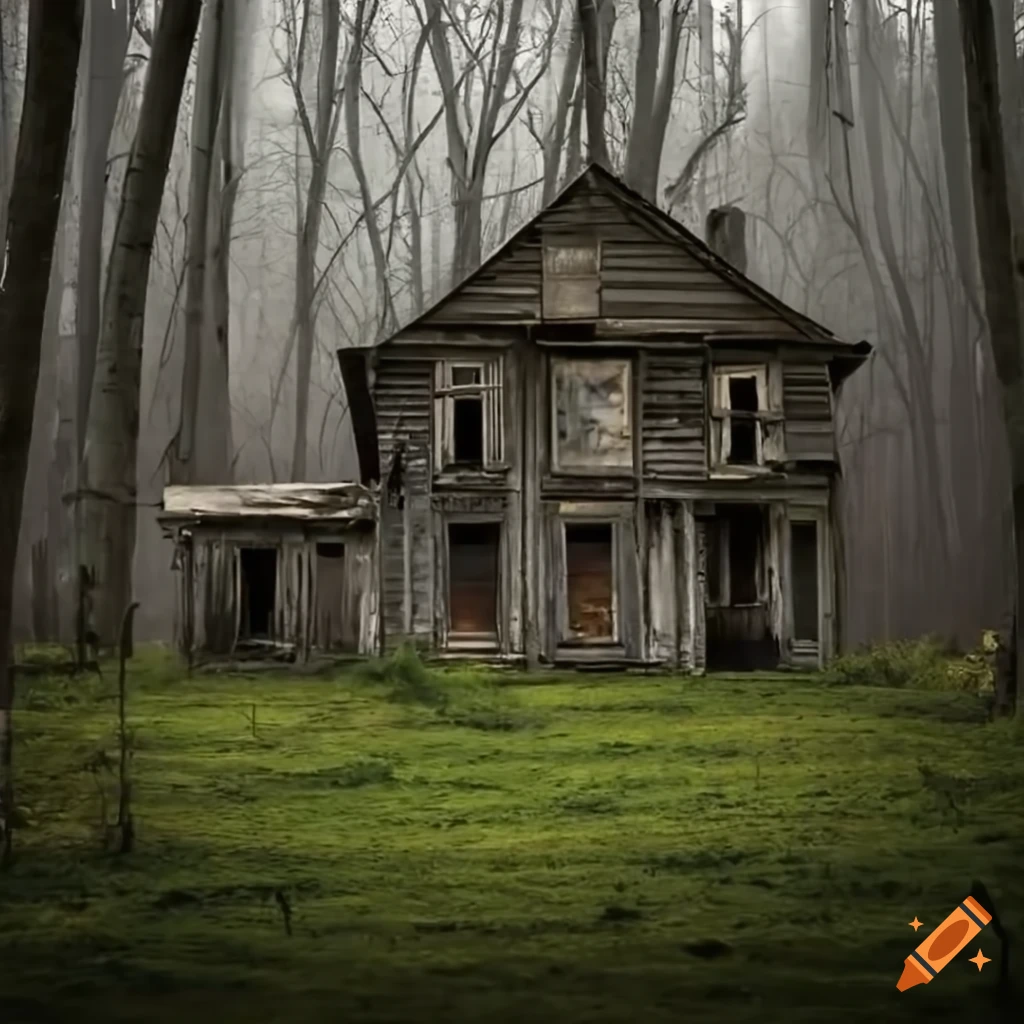 Photo of an old abandoned house in a leafless forest on Craiyon