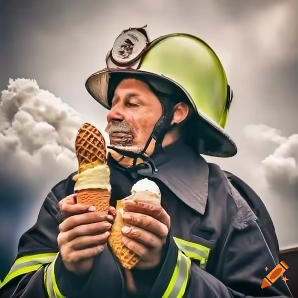 Firefighter enjoying ice cream under fluffy clouds on Craiyon