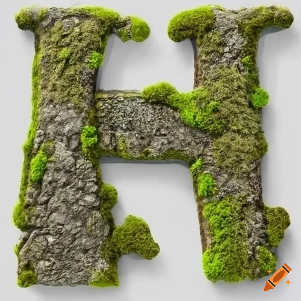 Ancient stone letter w covered in moss