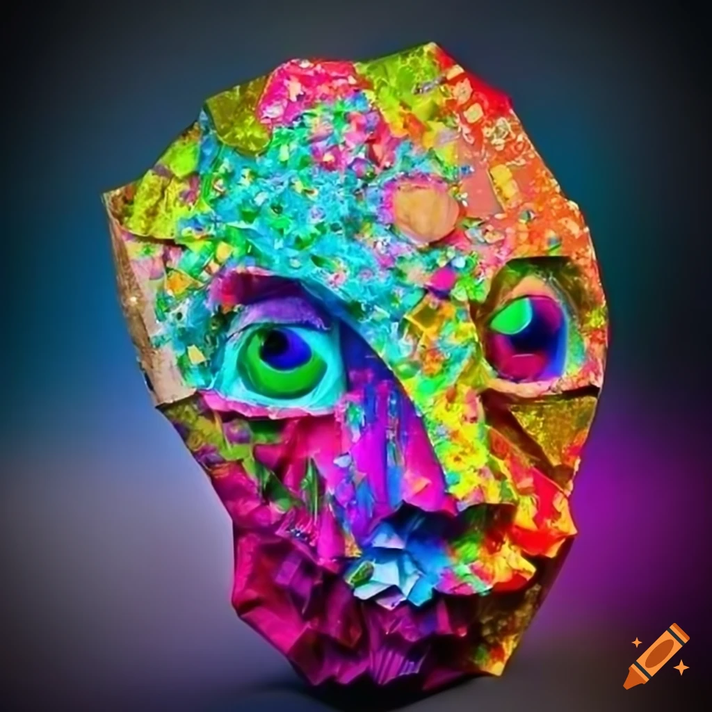 Sculpture of colourful origami figures with intricate details