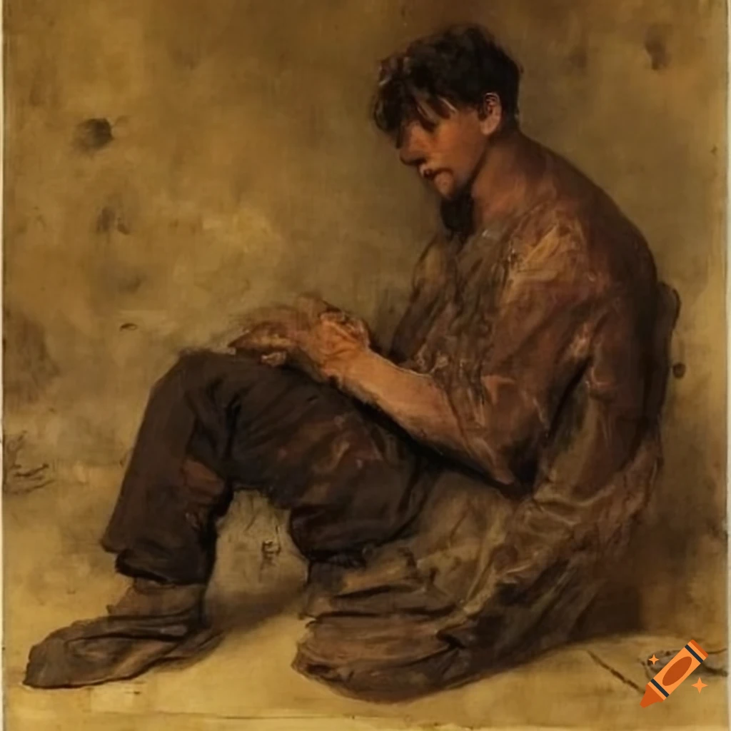 Painting of a man in tattered clothing sitting down