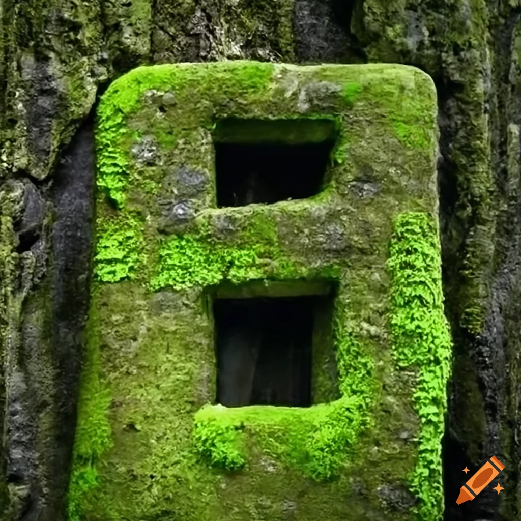 Ancient moss-covered stone letter r on Craiyon