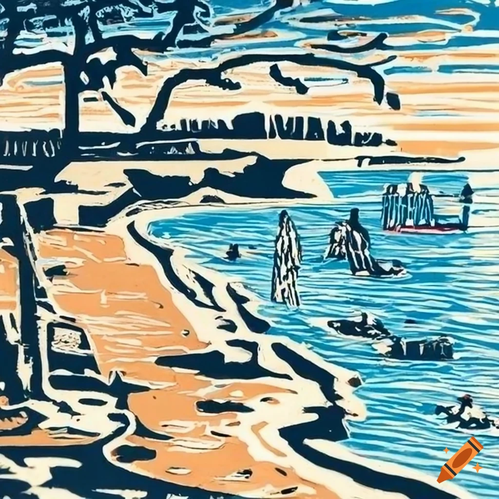 Lino print of people enjoying the beach on Craiyon