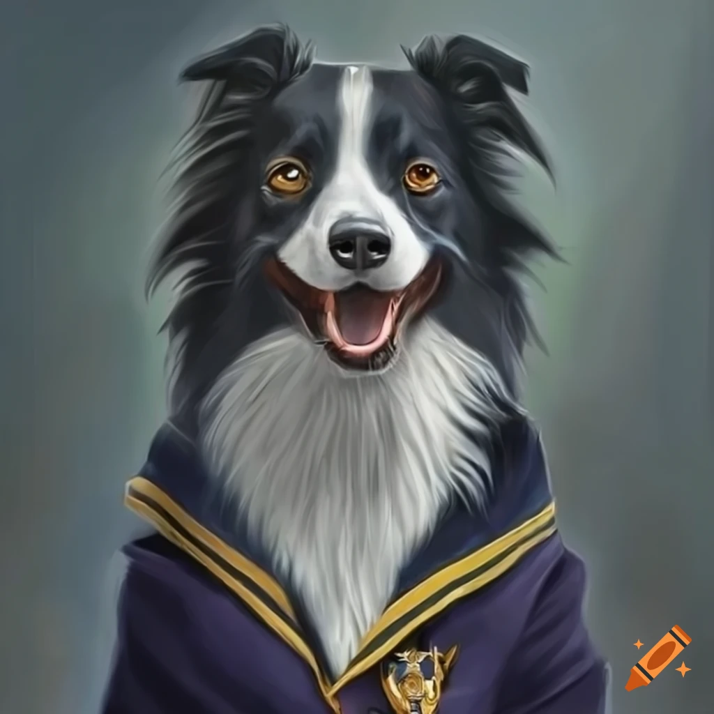 Hyper realistic drawing of a border collie in Ravenclaw uniform on Craiyon