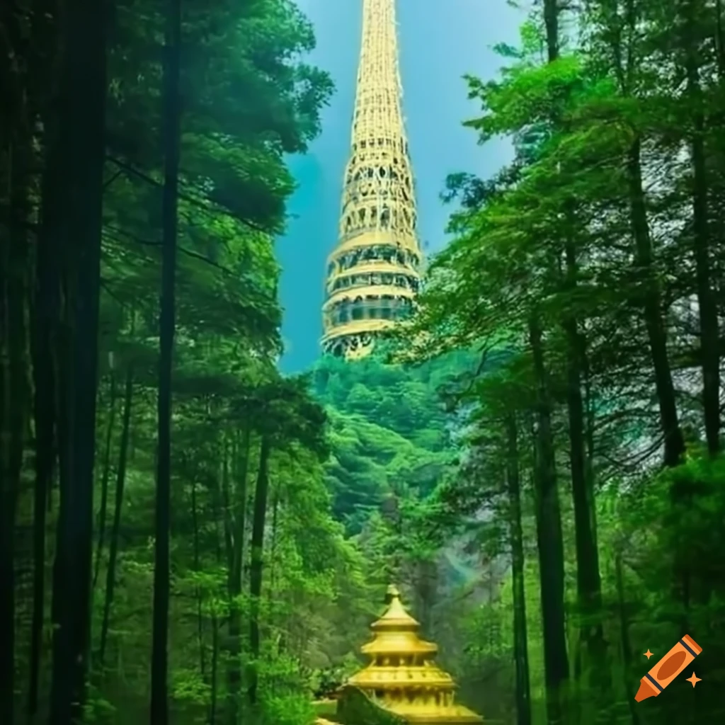 Golden tower in a green forest on Craiyon