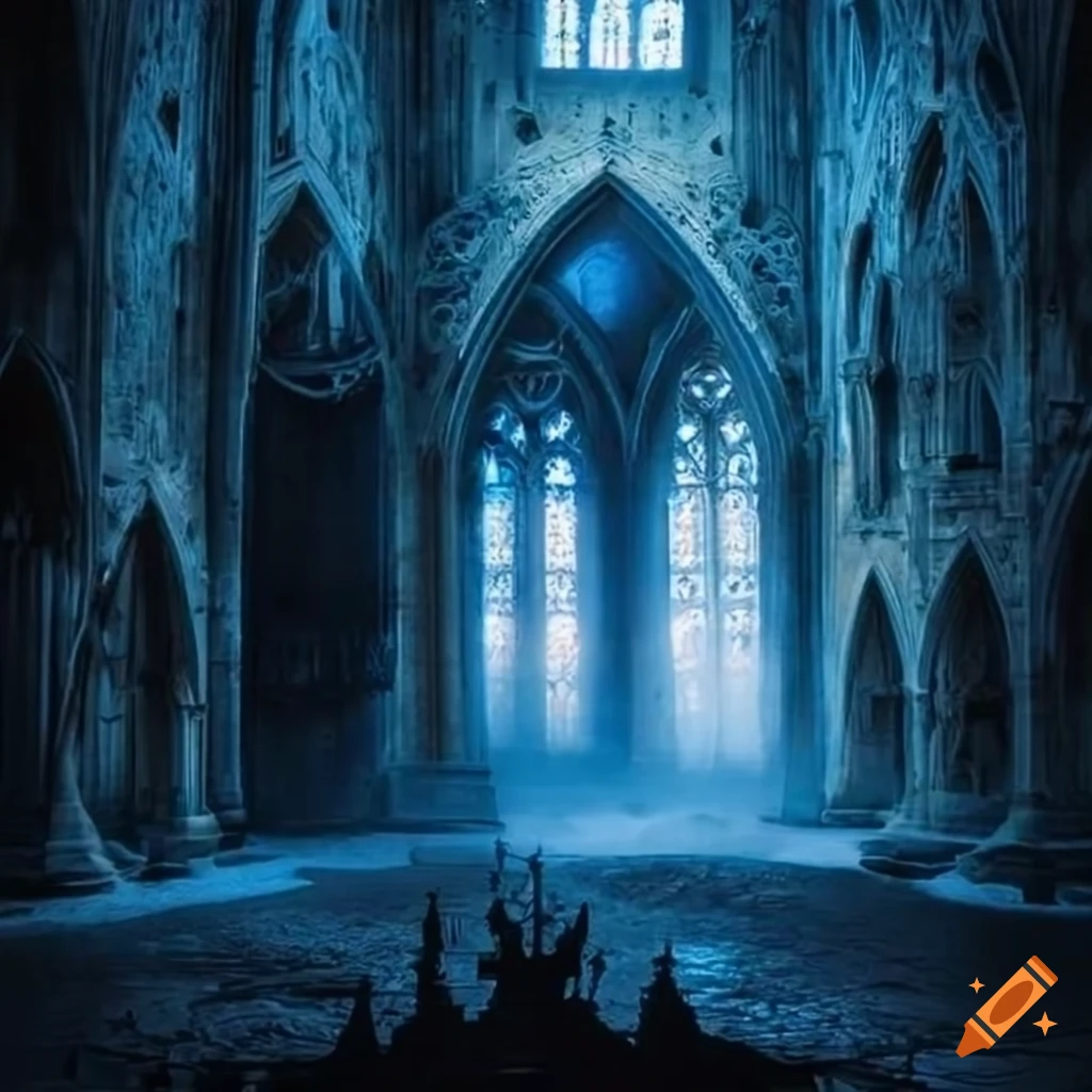Eerie gothic castle interior with blue spirit flames on Craiyon