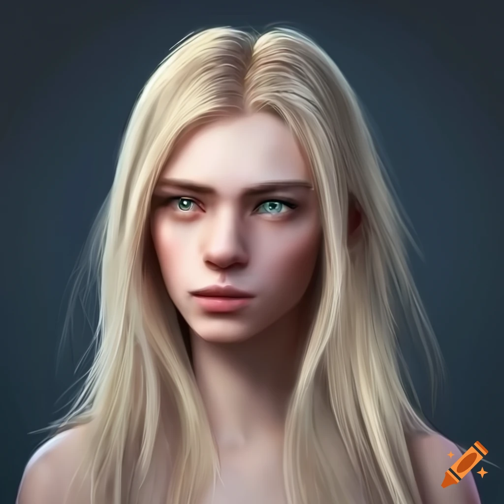 Detailed photorealistic portrait of an androgynous person with long blonde hair