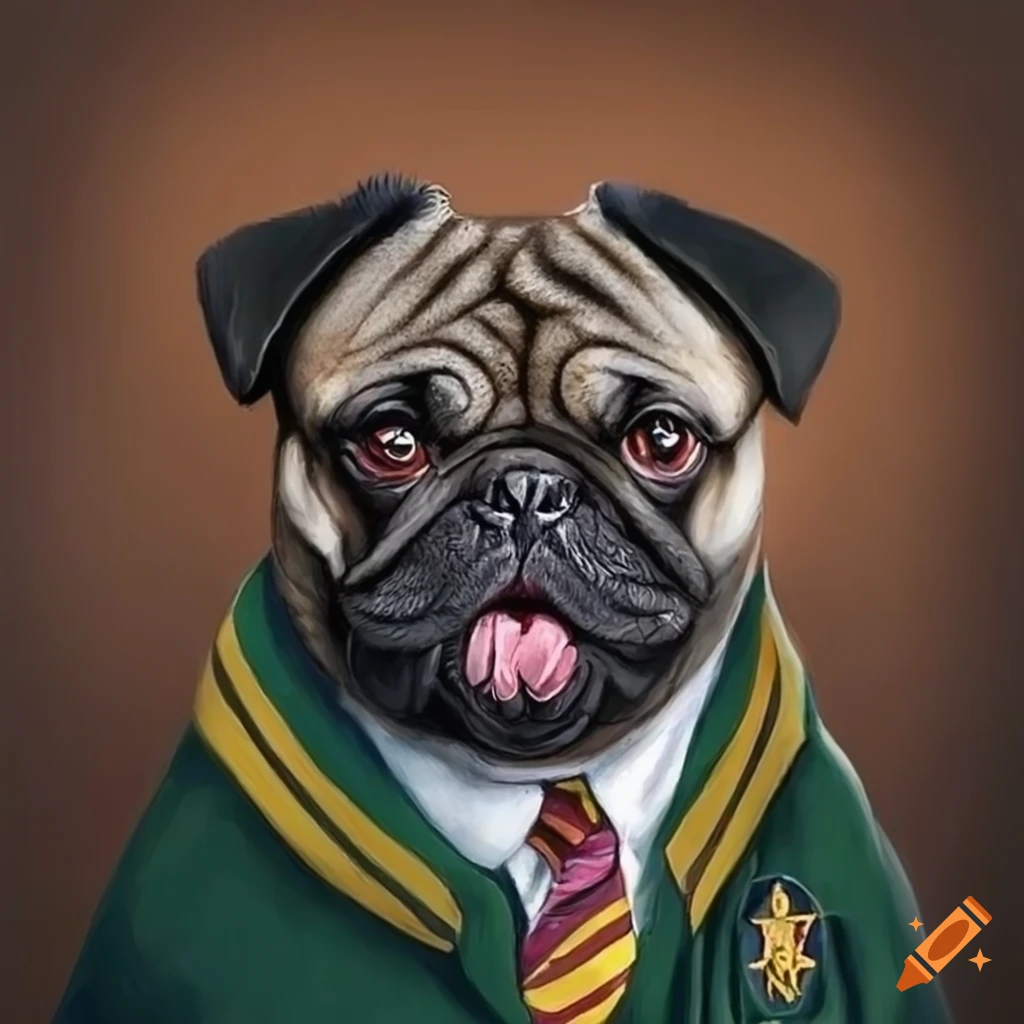 Pug wearing hufflepuff uniform in hyper-realistic portrait on Craiyon