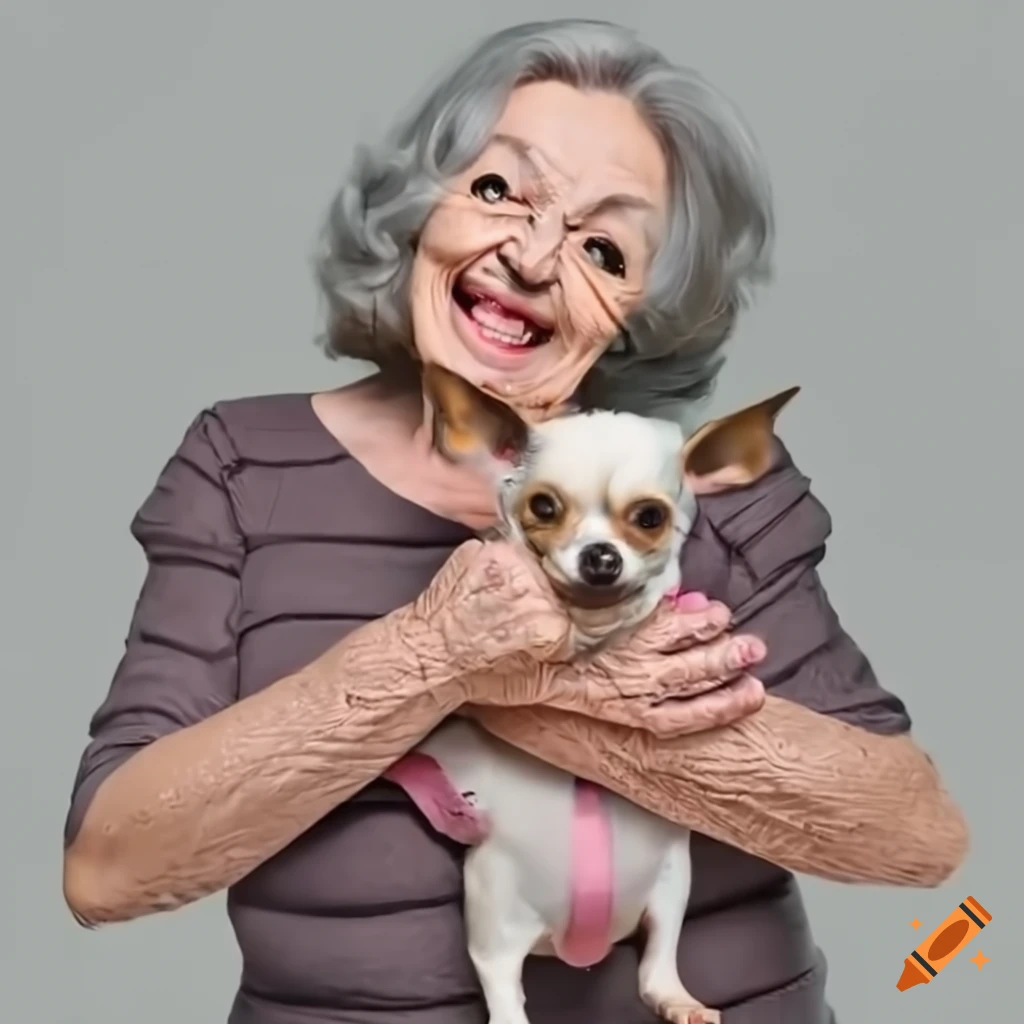 Humorous image of an old woman holding an angry chihuahua on Craiyon