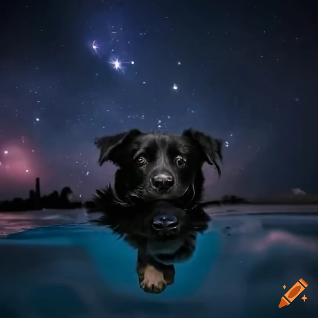 The silhouette of a dog sitting looking up at the sky and appreciating ...