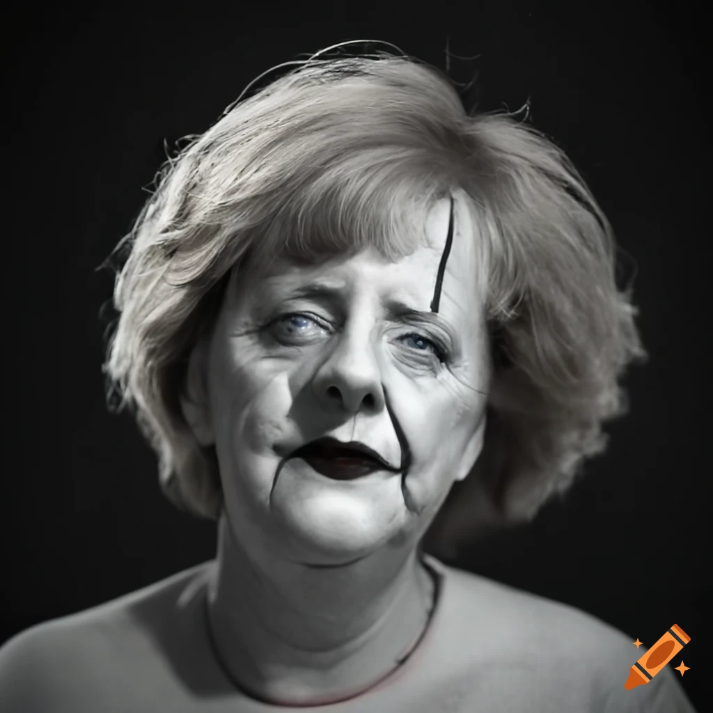 Satirical portrayal of angela merkel as a sad clown on Craiyon