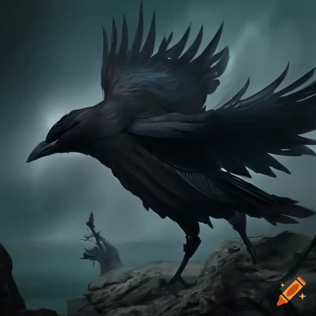 Surreal image of a heroic crow battling an army