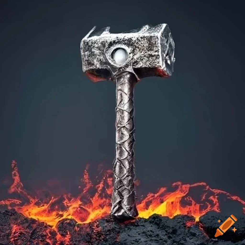 Silver metal Nordic hammer with electricity on a volcanic background on ...
