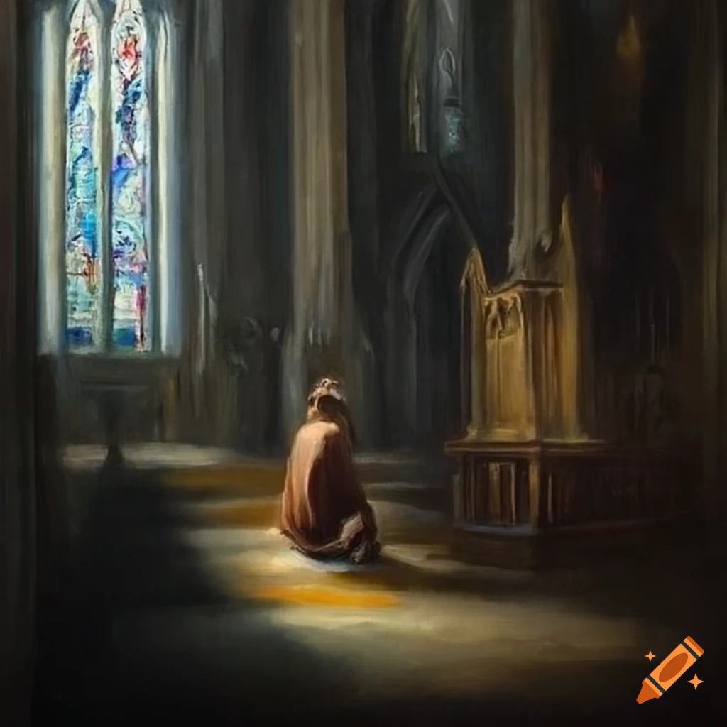 Oil painting of a man praying in a dark cathedral
