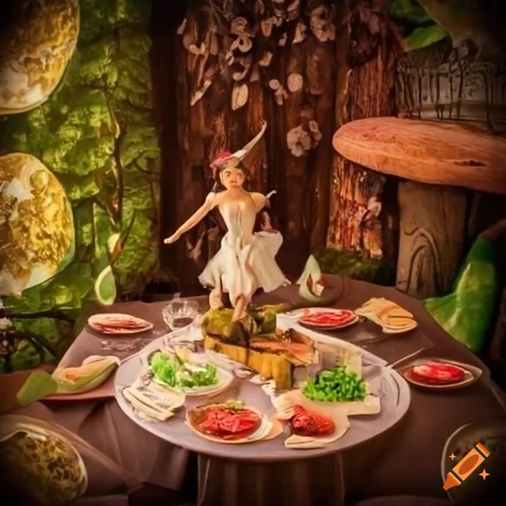 Illustration of a forest fairy serving goblins