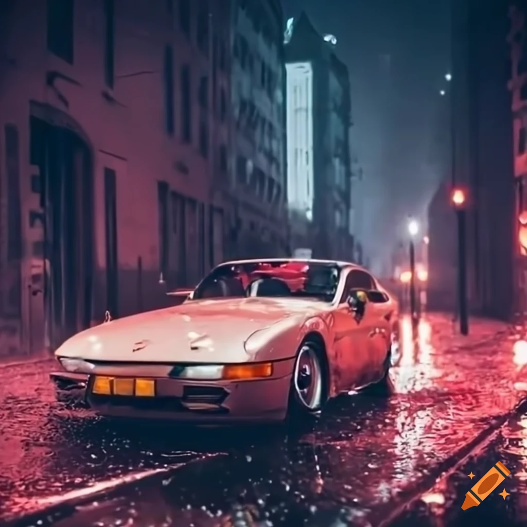 Night scene of a Porsche 944 in a city parking lot on Craiyon