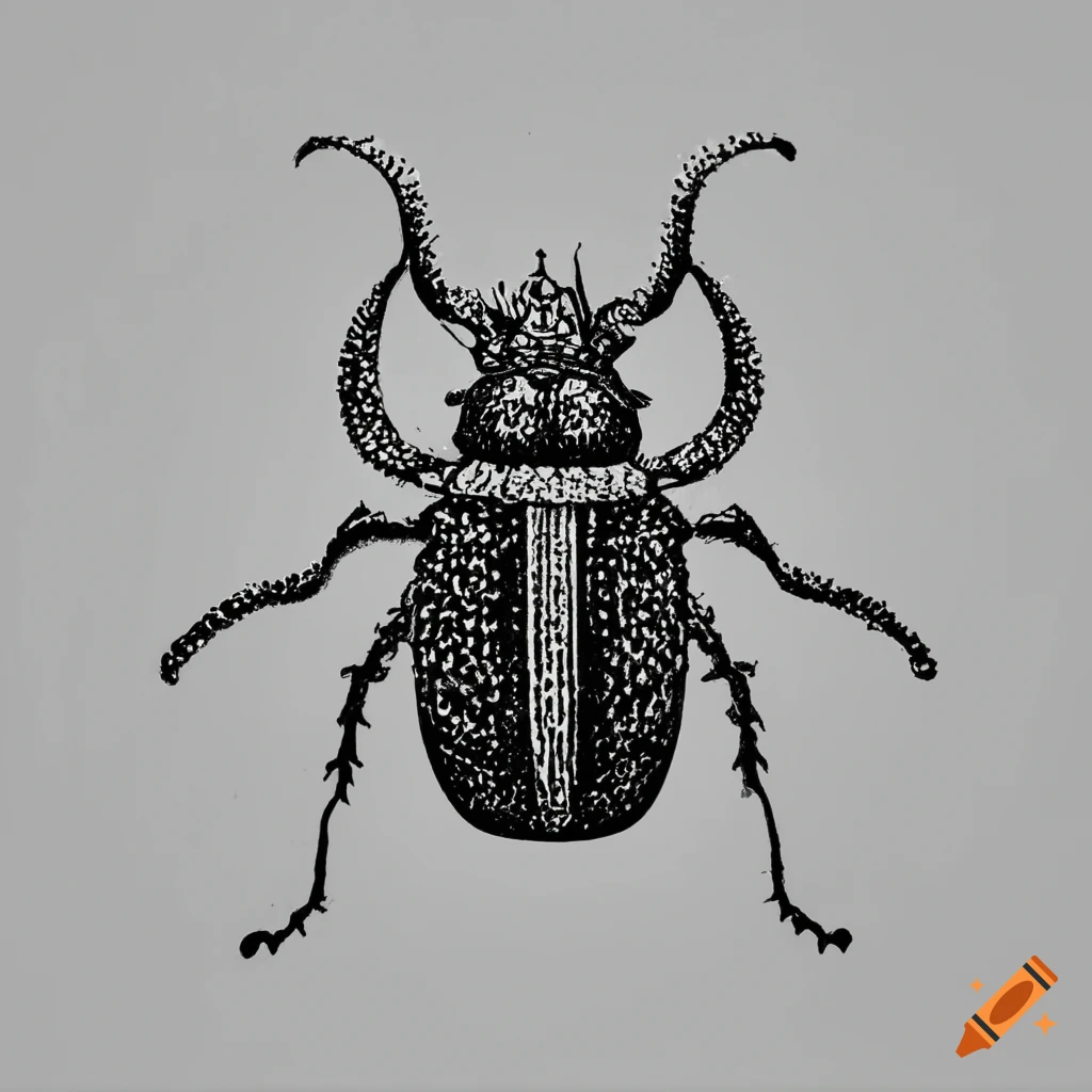 Stippling black-and-white drawing of a beetle ornament